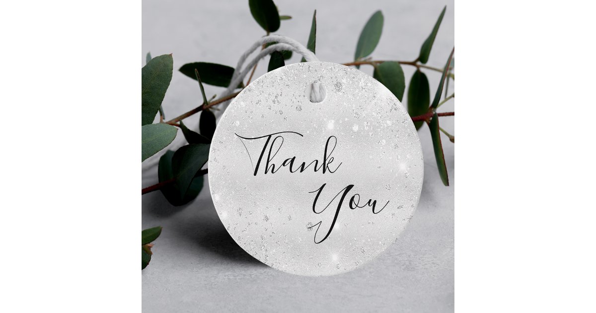 Birthday silver metal glitter thank you favor tags | Zazzle
