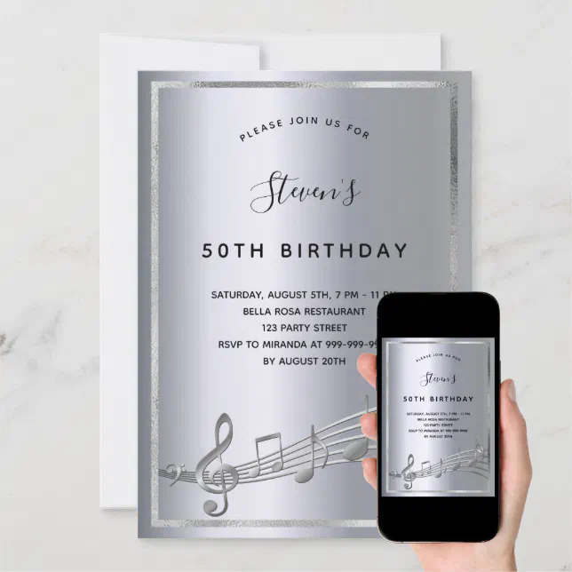 Birthday silver music notes invitation | Zazzle