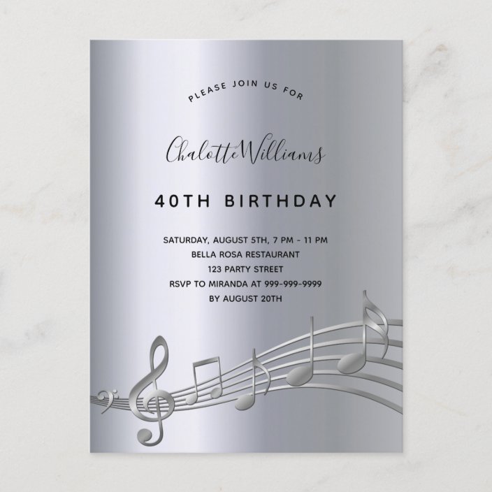 Birthday silver music notes metal 50th invitation | Zazzle.com