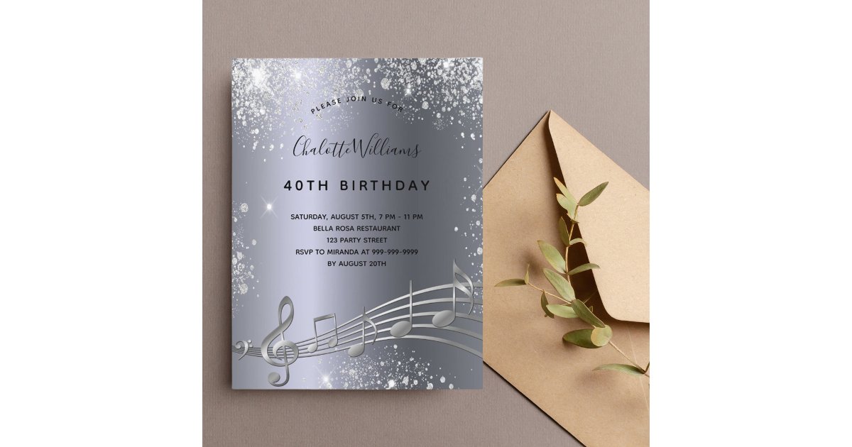 Birthday silver music notes metal glitter 40th | Zazzle