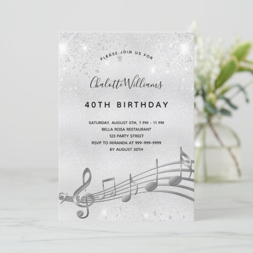 Birthday silver music notes metal glitter 40th invitation | Zazzle