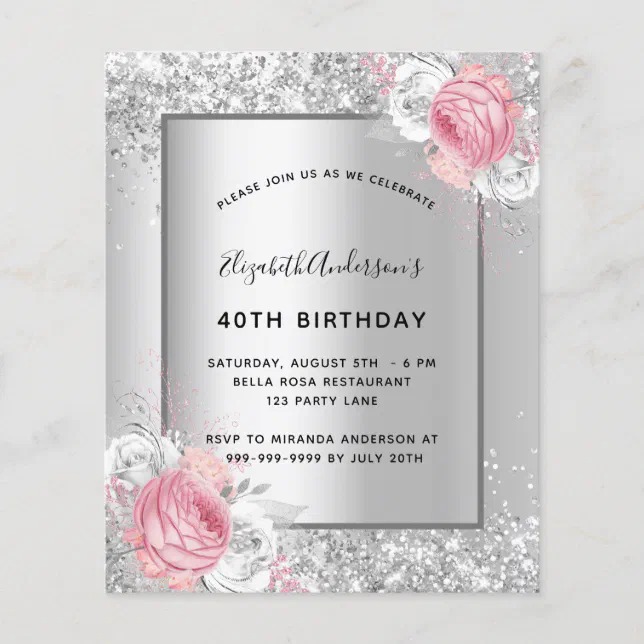 Birthday silver pink floral budget invitation flyer | Zazzle