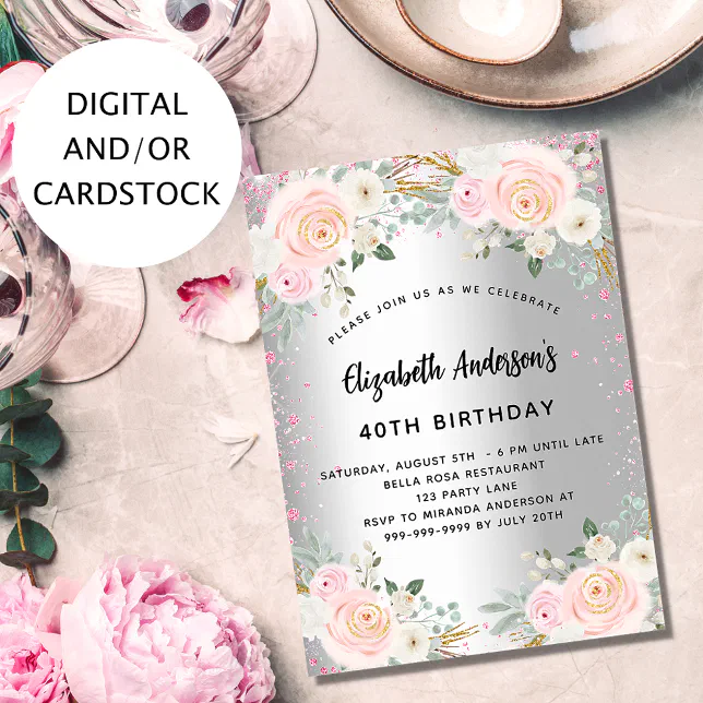Birthday silver pink flowers glitter invitation | Zazzle