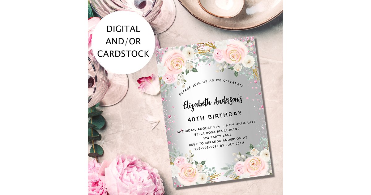 Birthday silver pink flowers glitter invitation | Zazzle