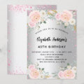 Birthday silver pink flowers glitter invitation | Zazzle