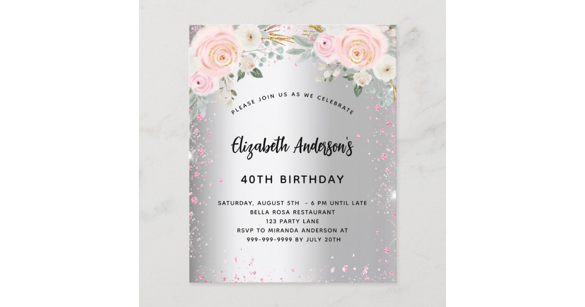 Birthday silver pink flowers glitter invitation | Zazzle