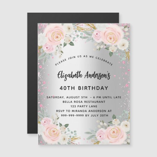 Birthday silver pink flowers glitter luxury magnetic invitation | Zazzle