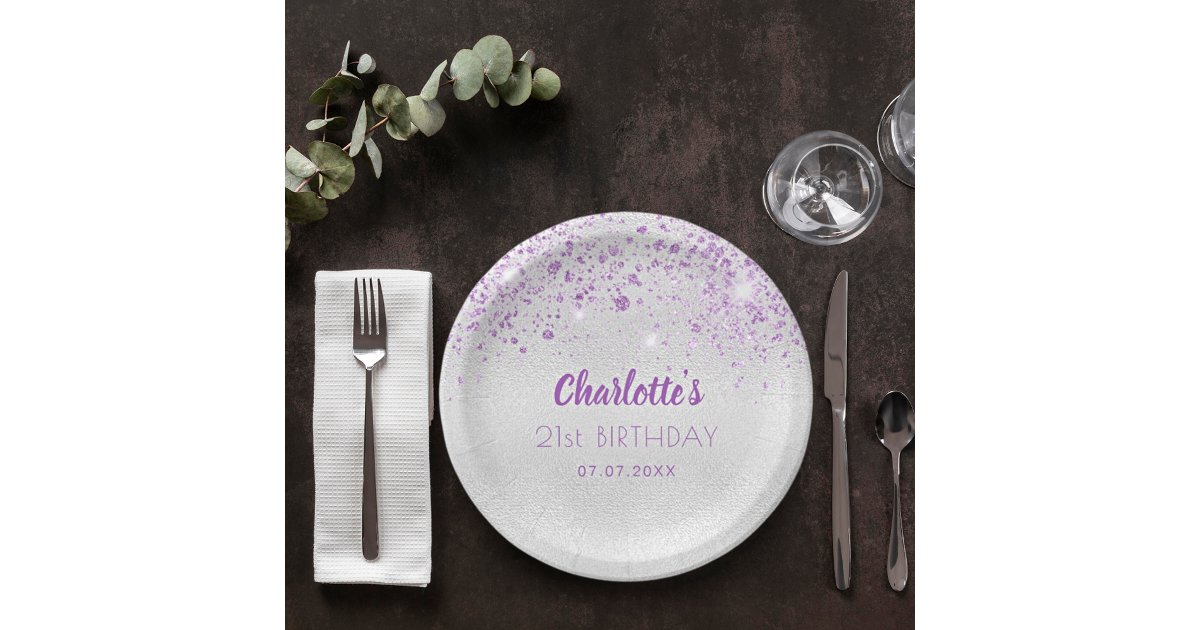 Birthday silver purple glitter name paper plates | Zazzle