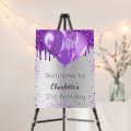 Birthday silver purple glitter welcome balloons foam board | Zazzle