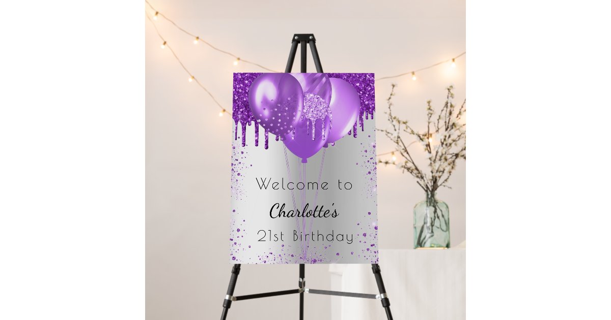 Birthday silver purple glitter welcome balloons foam board | Zazzle