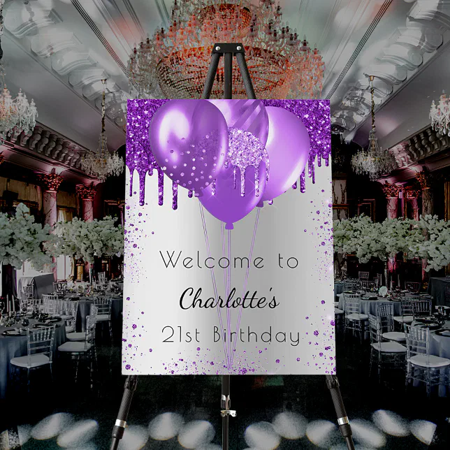 Birthday silver purple glitter welcome balloons foam board | Zazzle