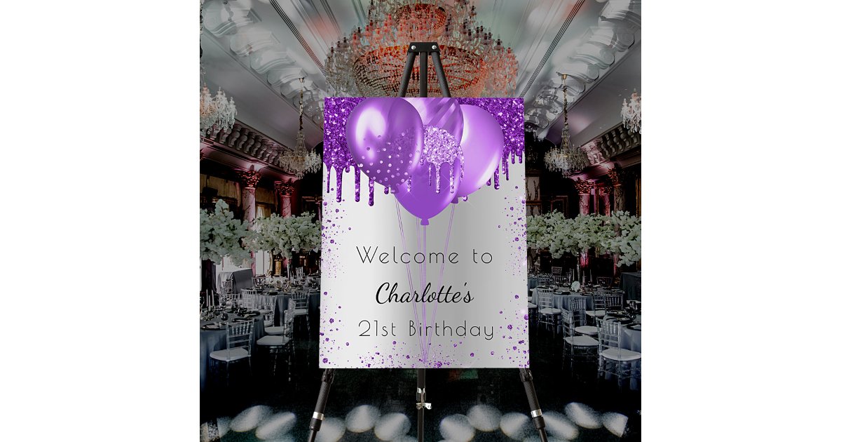 Birthday silver purple glitter welcome balloons foam board | Zazzle
