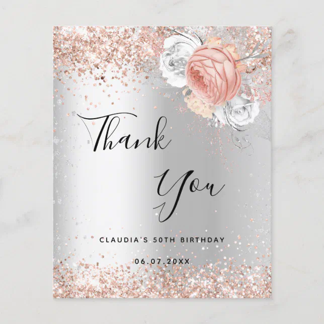 Birthday silver rose gold budget thank you note flyer | Zazzle