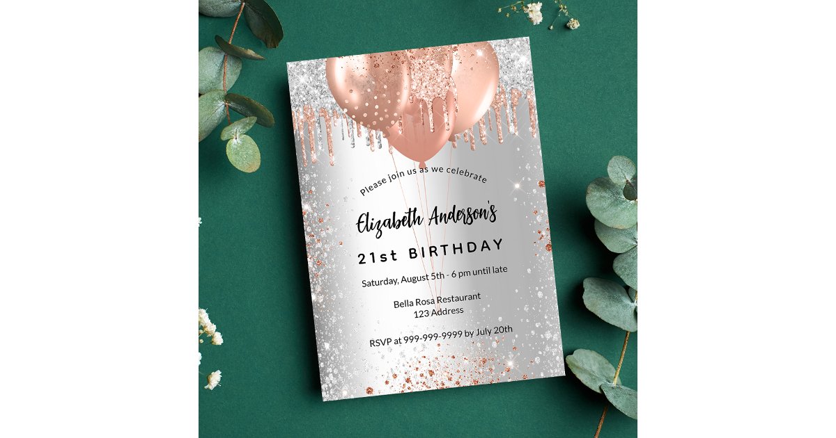 Birthday silver rose gold glitter balloons invitation | Zazzle
