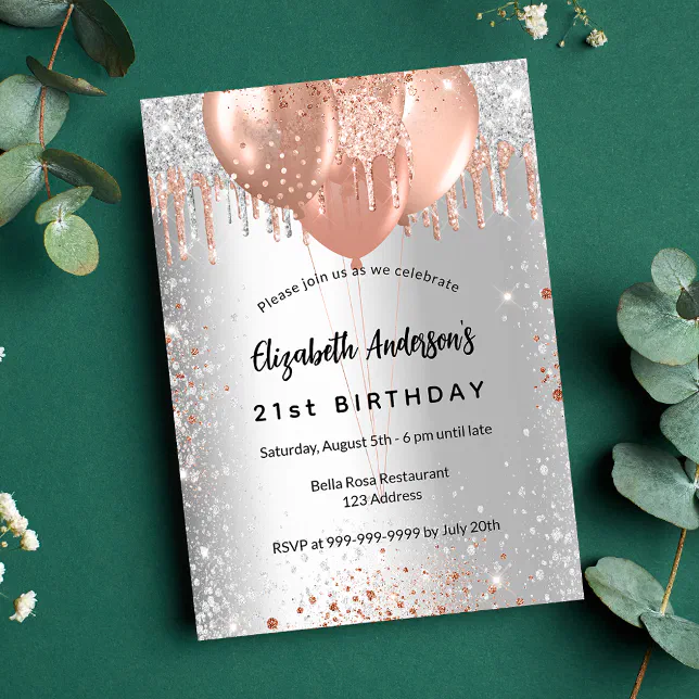 Birthday silver rose gold glitter balloons invitation | Zazzle