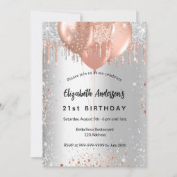 Birthday silver rose gold glitter balloons invitation | Zazzle