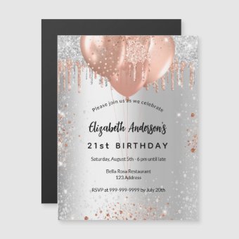 Birthday silver rose gold glitter balloons luxury magnetic invitation ...