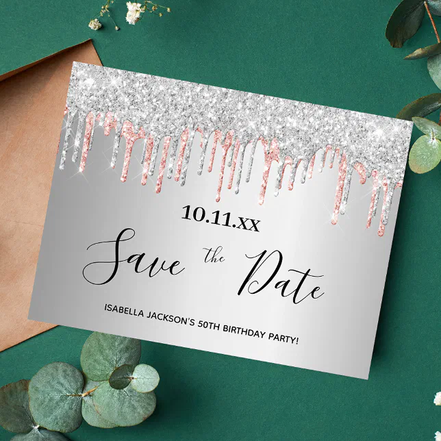 Birthday silver rose gold glitter save the date postcard | Zazzle
