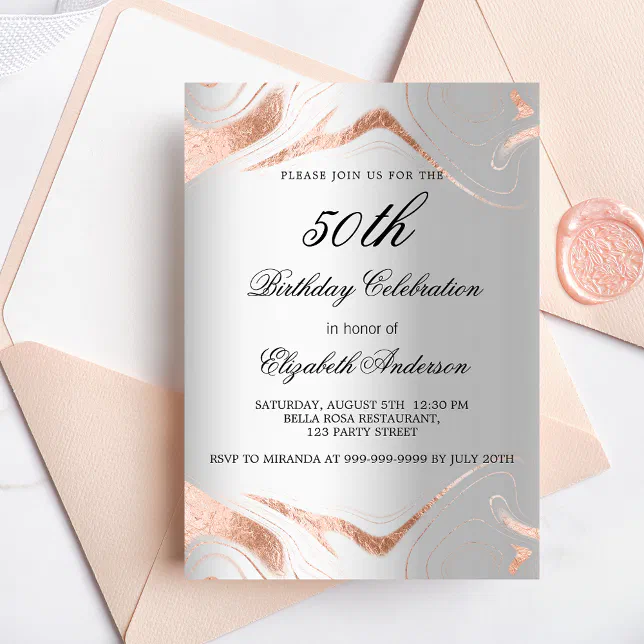 Birthday silver rose gold marble elegant invitation | Zazzle
