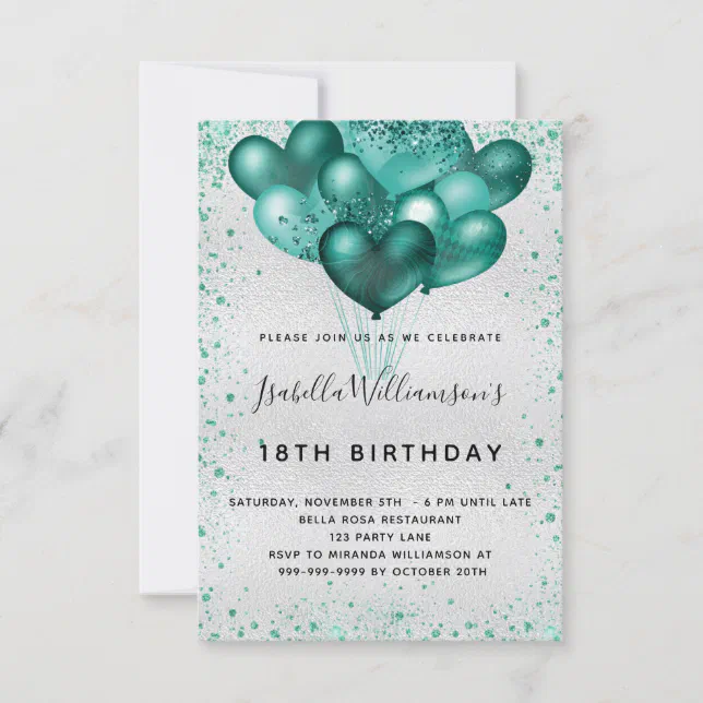 Birthday silver teal glitter dust balloons invitation | Zazzle