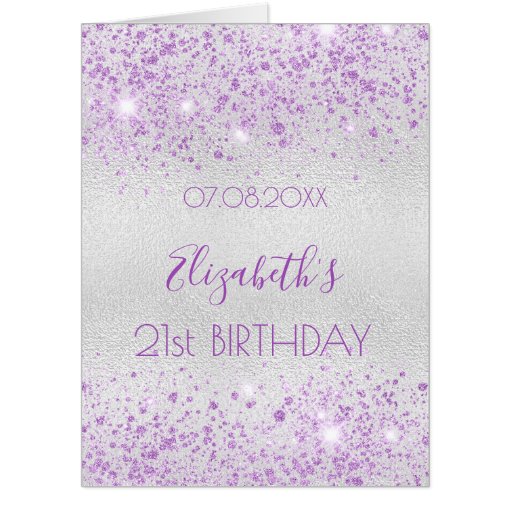 Birthday silver violet glitter photo name card | Zazzle