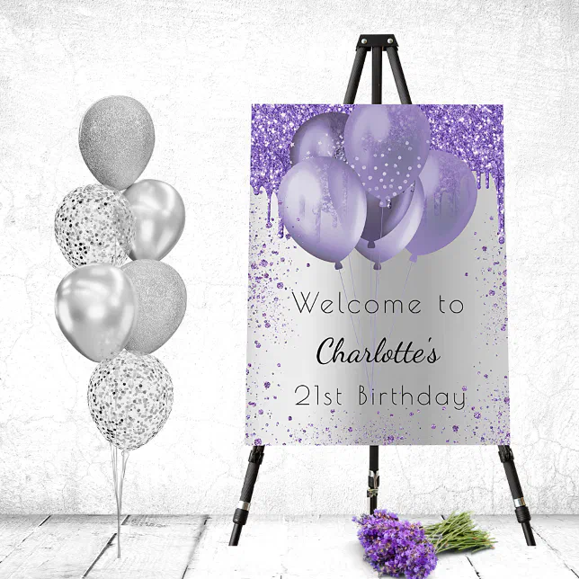 Birthday silver violet glitter welcome balloons foam board | Zazzle