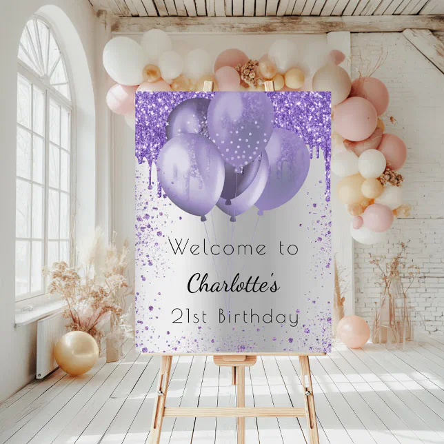 Birthday silver violet glitter welcome balloons foam board | Zazzle