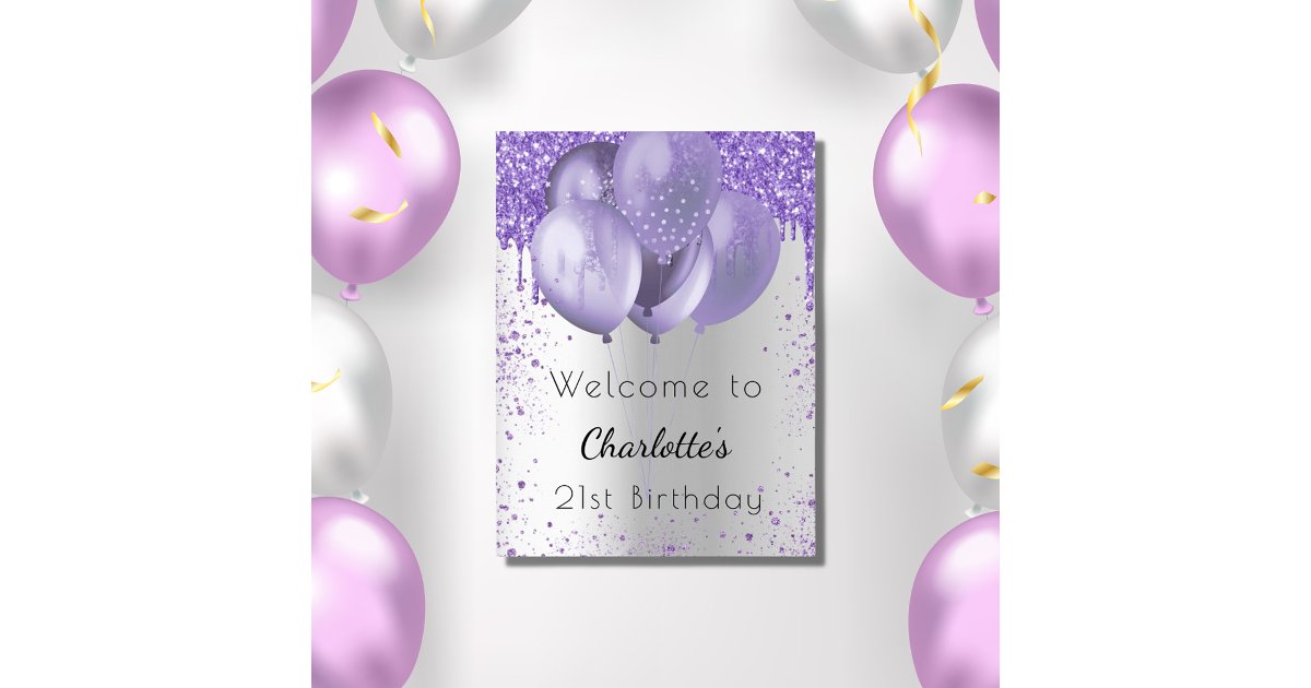 Birthday silver violet glitter welcome balloons poster | Zazzle