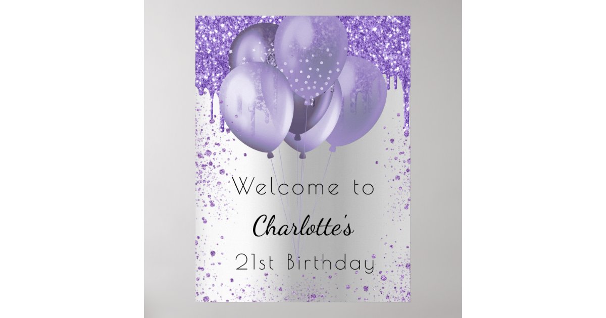 Birthday silver violet glitter welcome balloons poster | Zazzle