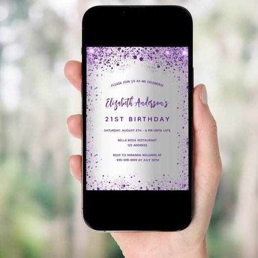 Birthday silver violet purple sparkles invitation | Zazzle