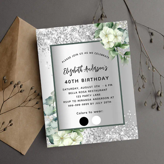 Birthday silver white floral attire palette luxury invitation | Zazzle