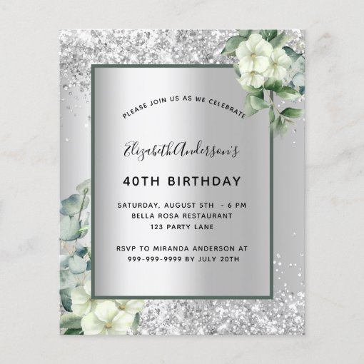 Birthday silver white floral budget invitation flyer | Zazzle