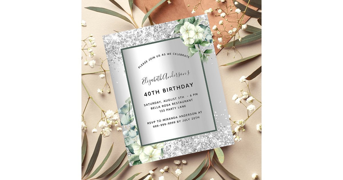 Birthday silver white floral budget invitation flyer | Zazzle
