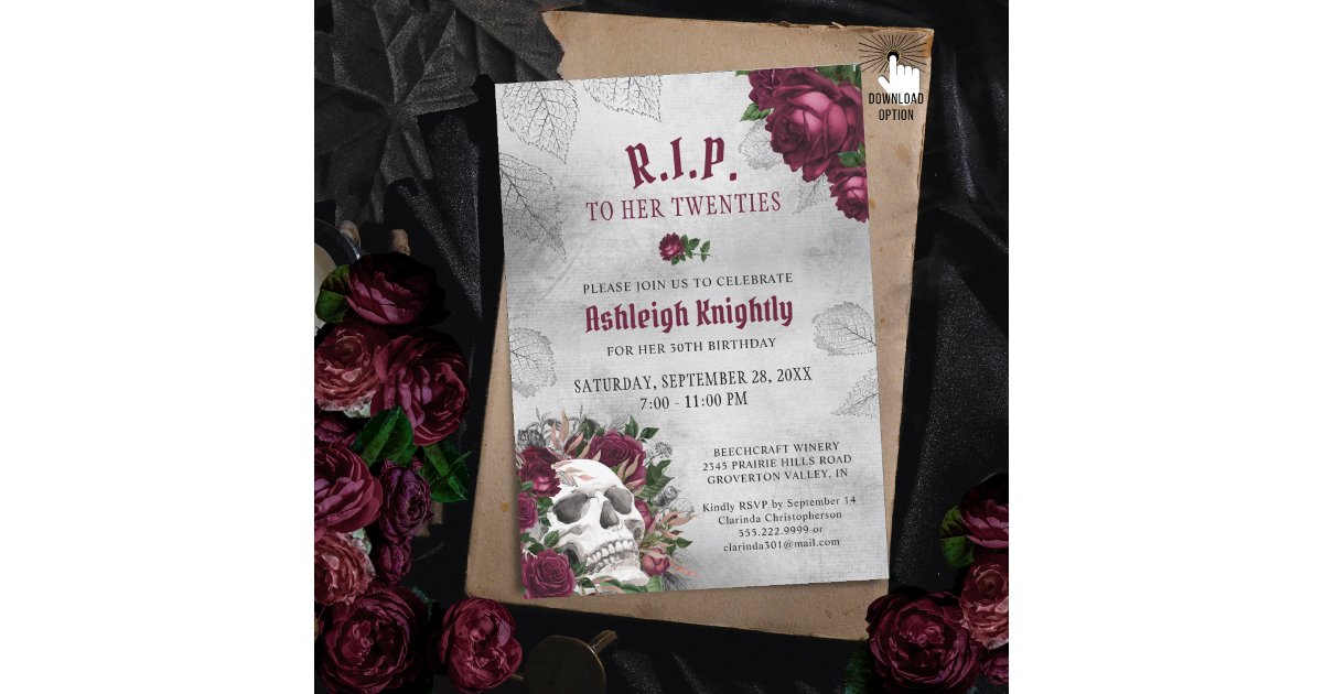 Birthday Skull and Roses RIP Decade Invitation | Zazzle