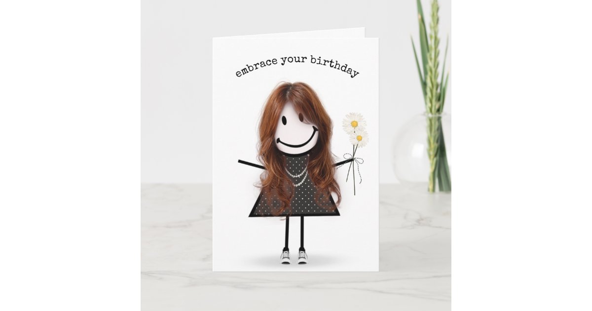 Birthday Stick Figure Girl with Daisies Card | Zazzle