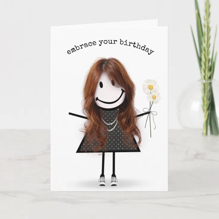 Birthday Stick Figure Girl with Daisies Card | Zazzle