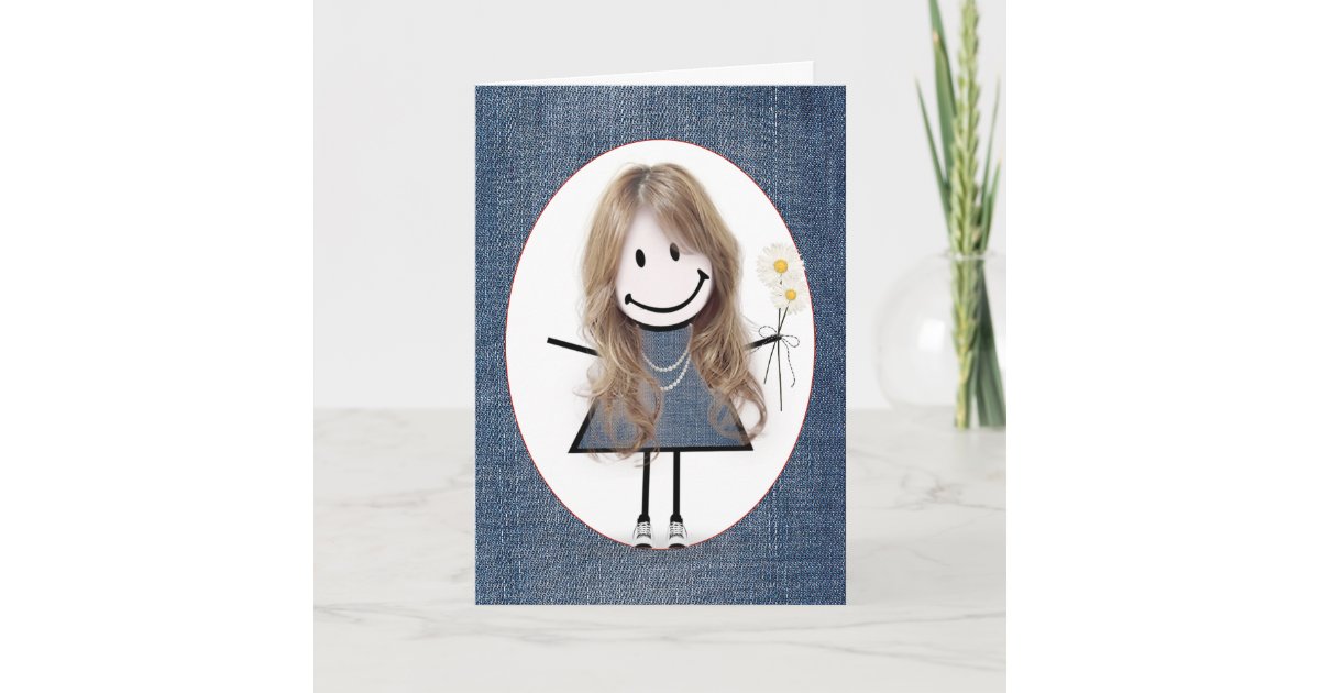 Birthday Stick Figure Girl with Daisies Card | Zazzle