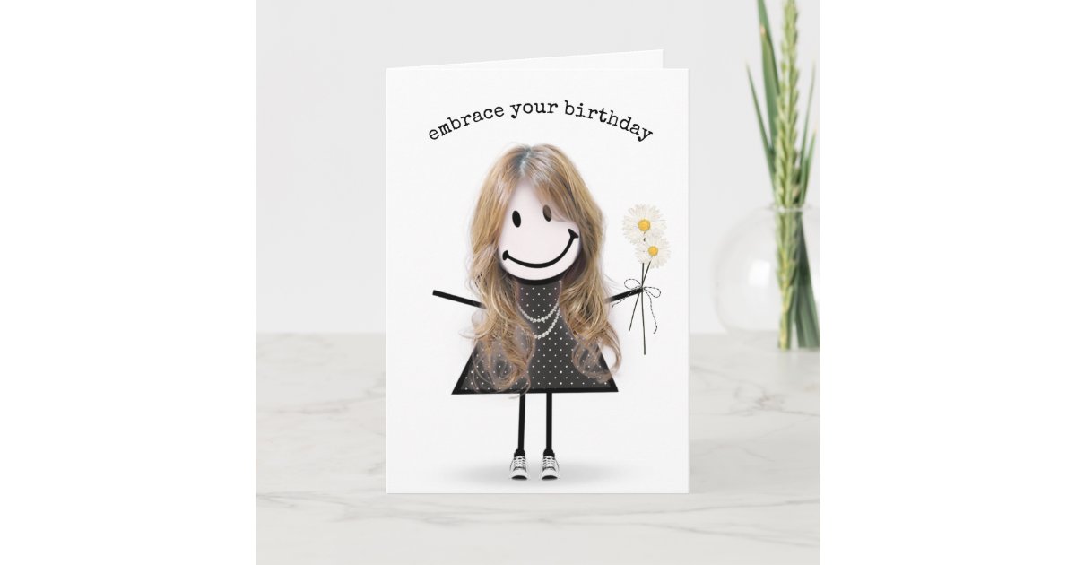Birthday Stick Figure Girl with Daisies Card | Zazzle