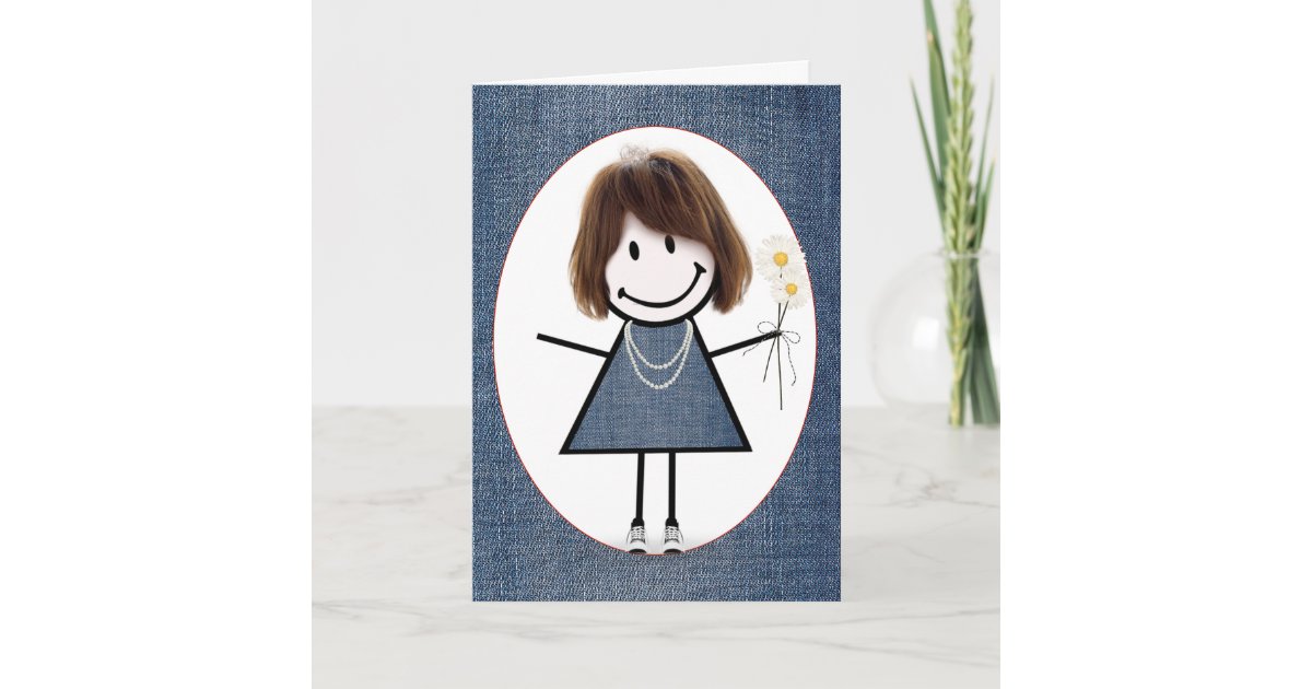 Birthday Stick Figure Girl with Daisies Card | Zazzle