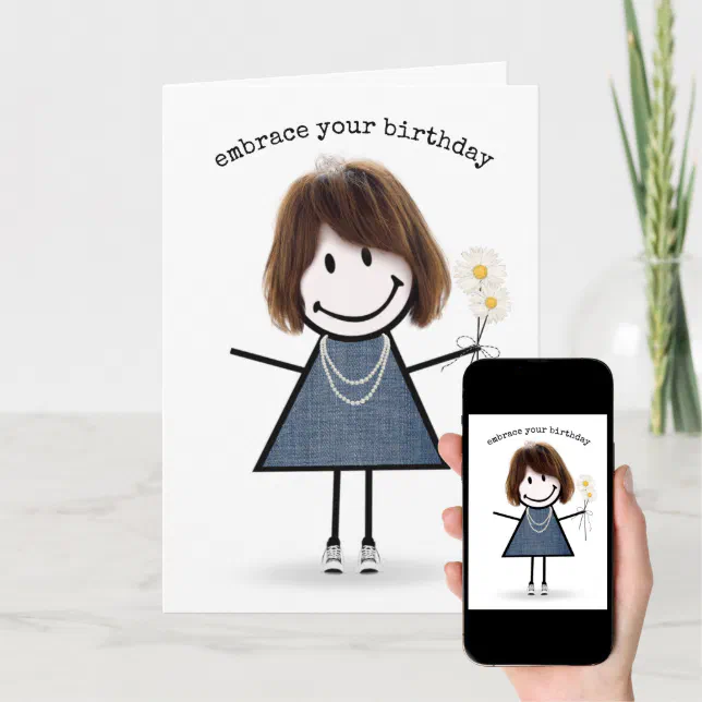Birthday Stick Figure Girl with Daisies Card | Zazzle