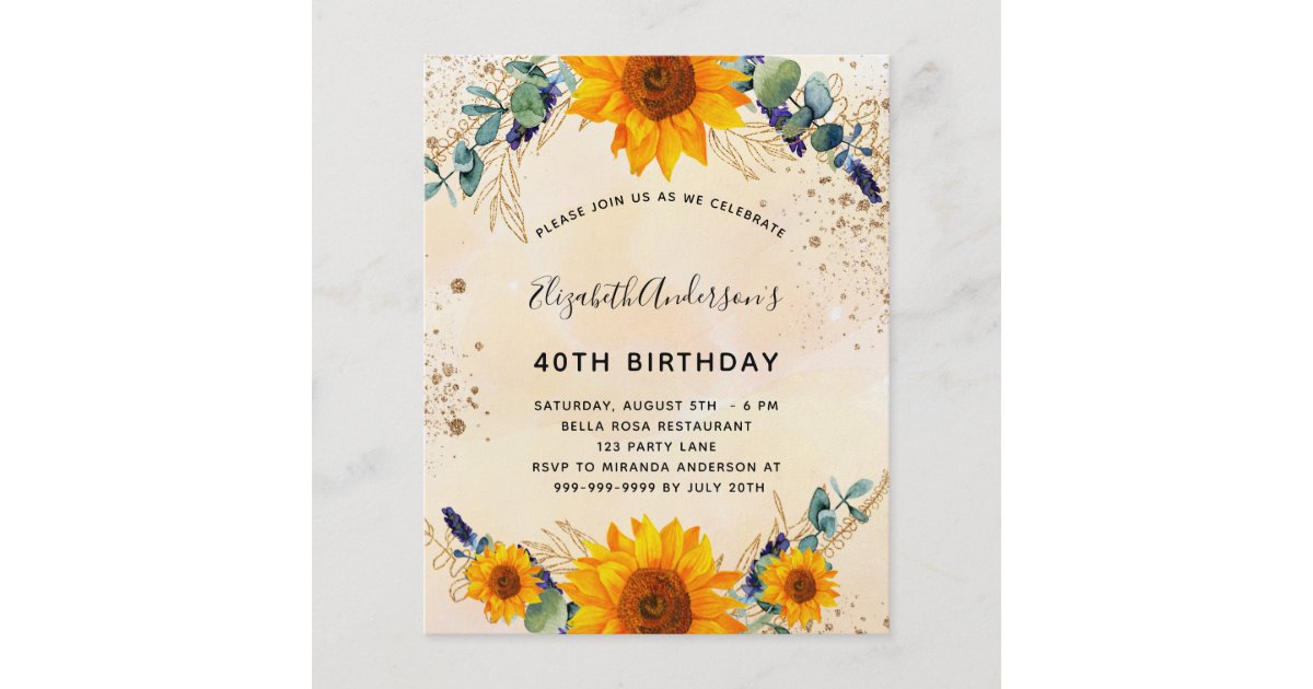 Birthday sunflower eucalyptus budget invitation flyer | Zazzle