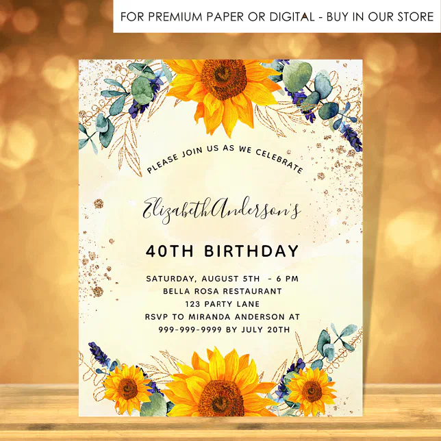 Birthday sunflower eucalyptus budget invitation flyer | Zazzle