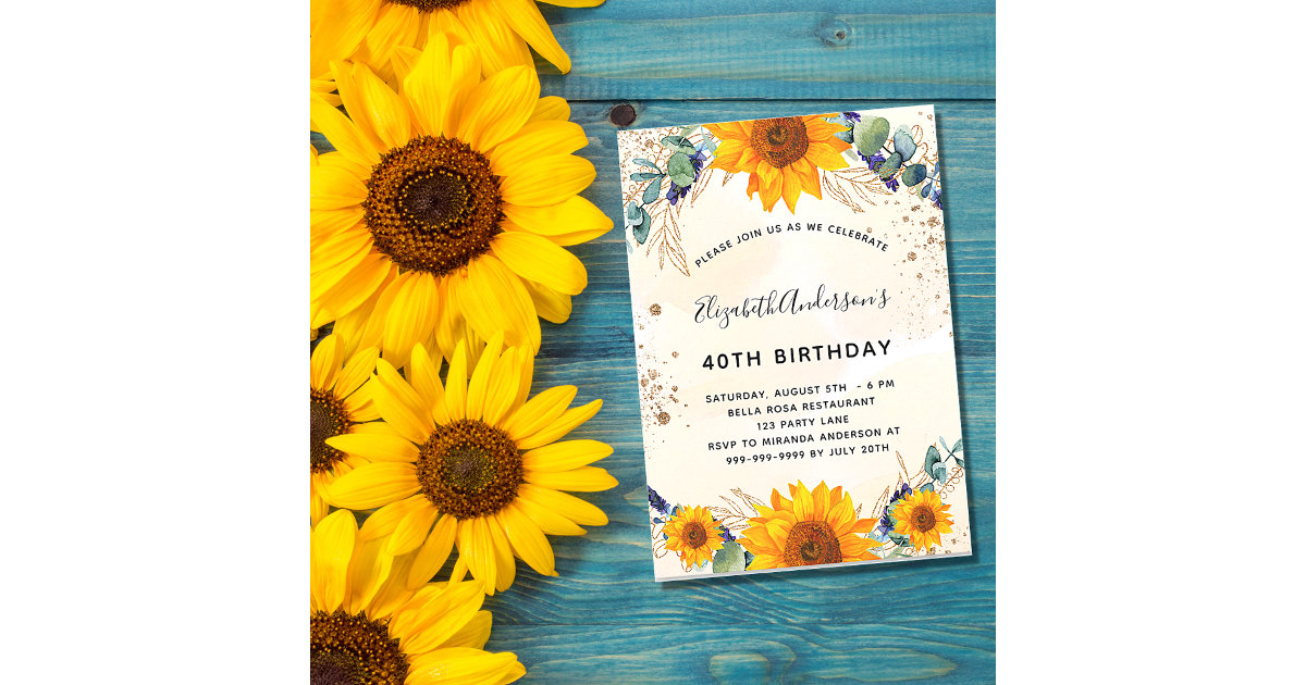 Birthday sunflower eucalyptus greenery glitter invitation | Zazzle