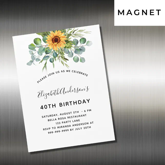 Birthday sunflower eucalyptus greenery magnetic invitation | Zazzle