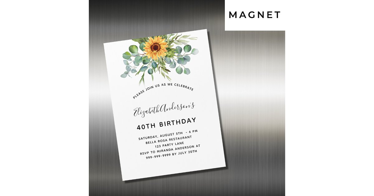 Birthday sunflower eucalyptus greenery magnetic invitation | Zazzle