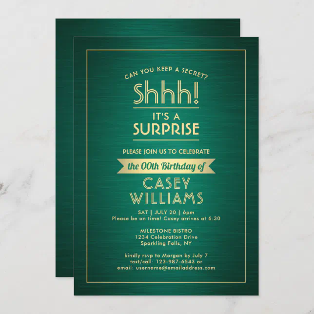 Birthday Surprise Party Shhh! Brushed Green & Gold Invitation | Zazzle
