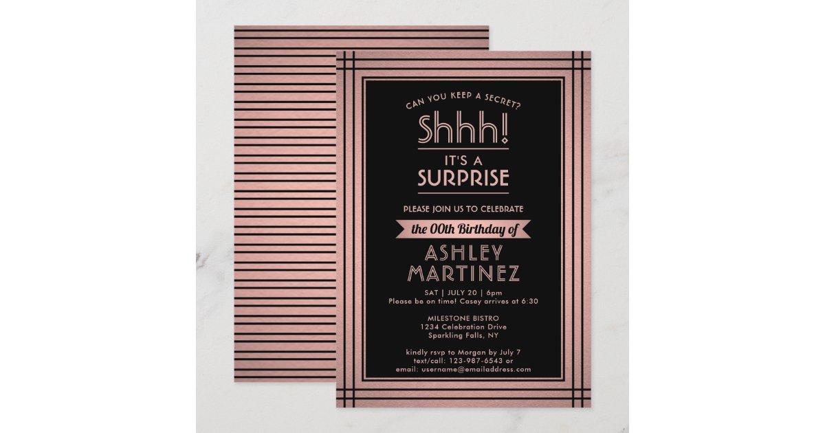 Birthday Surprise Party Shhh! Elegant Pink & Black Invitation | Zazzle