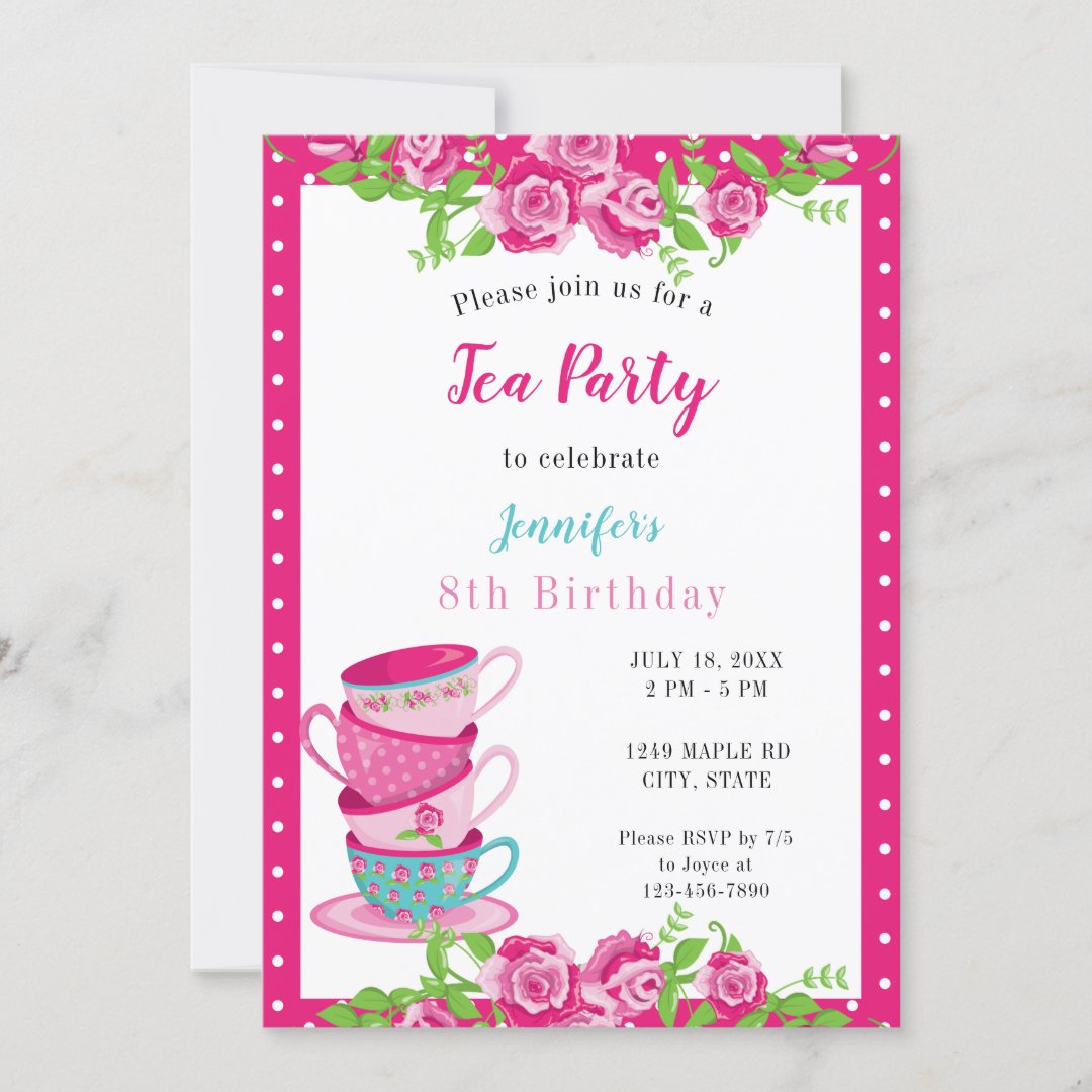 Birthday Tea Party Pink Floral Cups Cute Whimsical Invitation | Zazzle