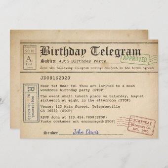 Birthday Telegram Invitation | Zazzle