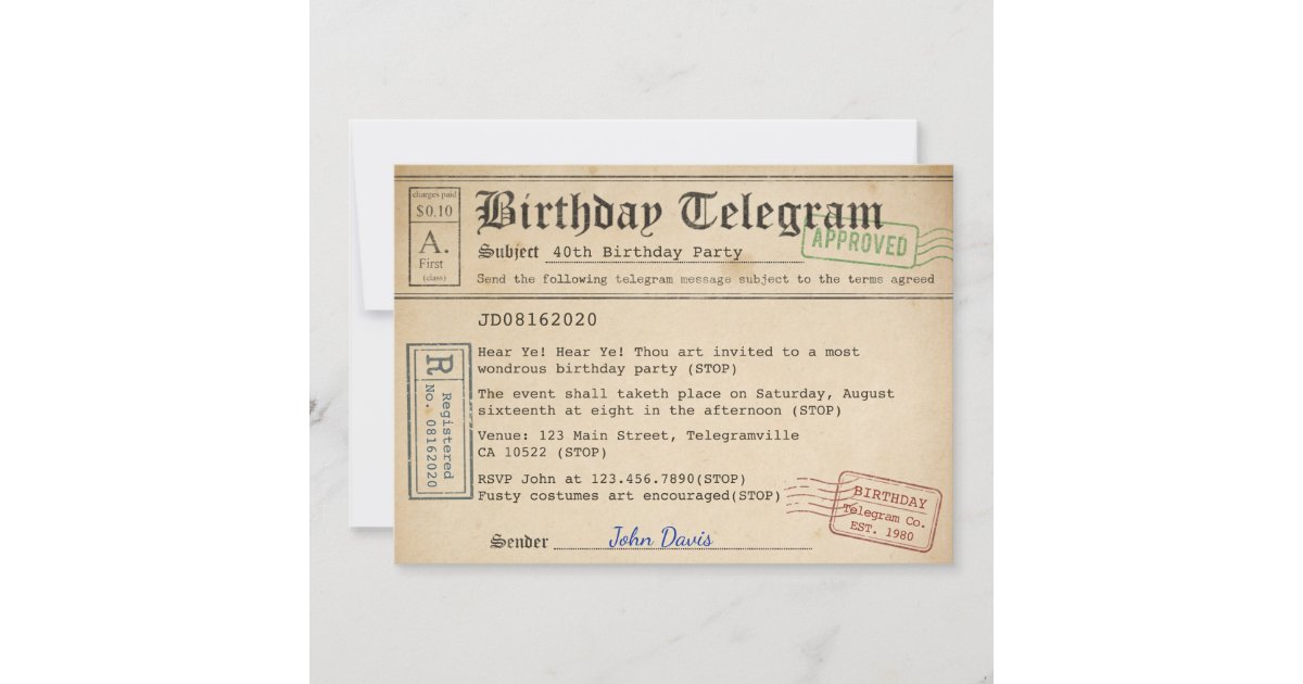 Birthday Telegram Invitation | Zazzle